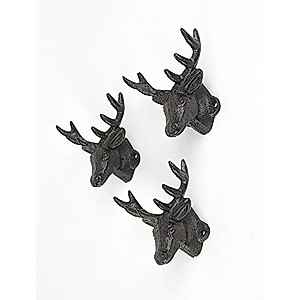 Zeckos Set of 3 Rustic Brown Cast Iron Deer Head Decorative Wall Hooks Lodge Décor 4.25 Inches Long