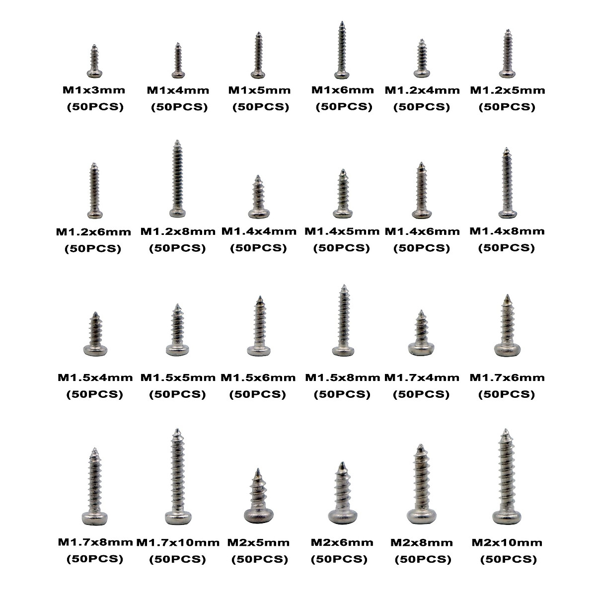 HVAZI 24 Kinds M1 M1.2 M1.4 M1.5 M1.7 M2 304 Stainless Steel Phillips Pan Head Small Self Tapping Screws Assortment Kit