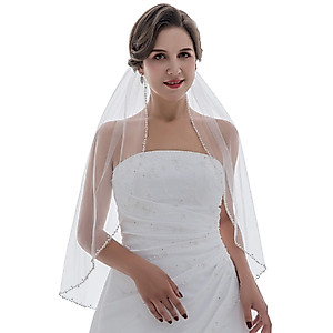 SAMKY 1T 1 Tier Wavy Pearl Crystal Beaded Bridal Wedding Veil - Light Ivory Elbow Length 30" V505