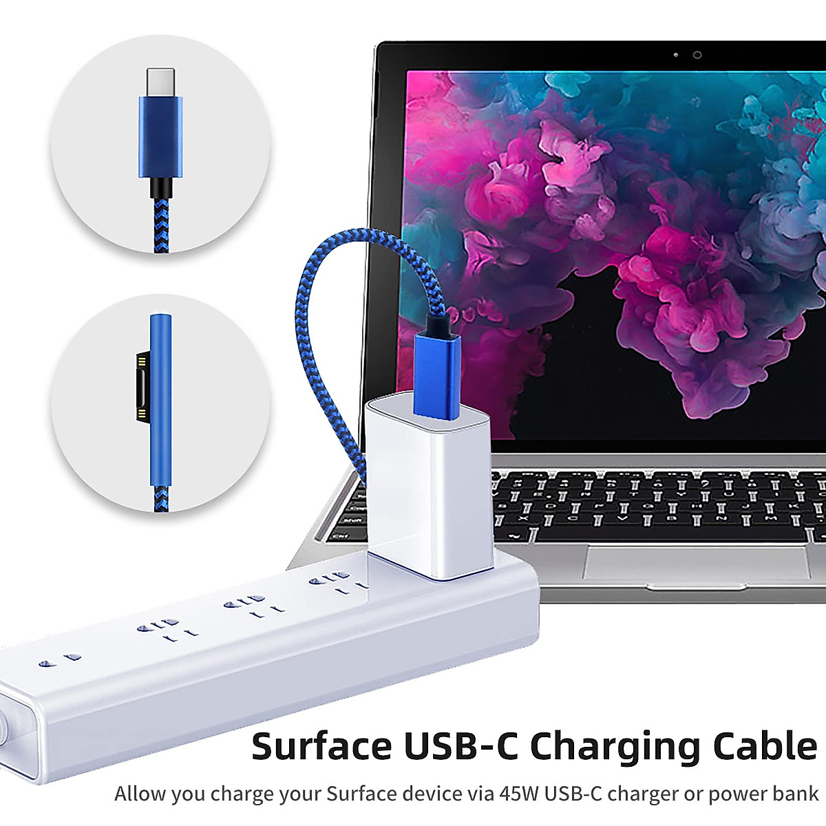 Sisyphy Nylon Braided Surface Connect to USB-C Charging Cable (6ft Blue), Requires 45W 15V/3A USB-C Charger PD Power Supply, Compatible with Microsoft Surface Pro7/6/5/4/3 Go 3/2/1 Laptop