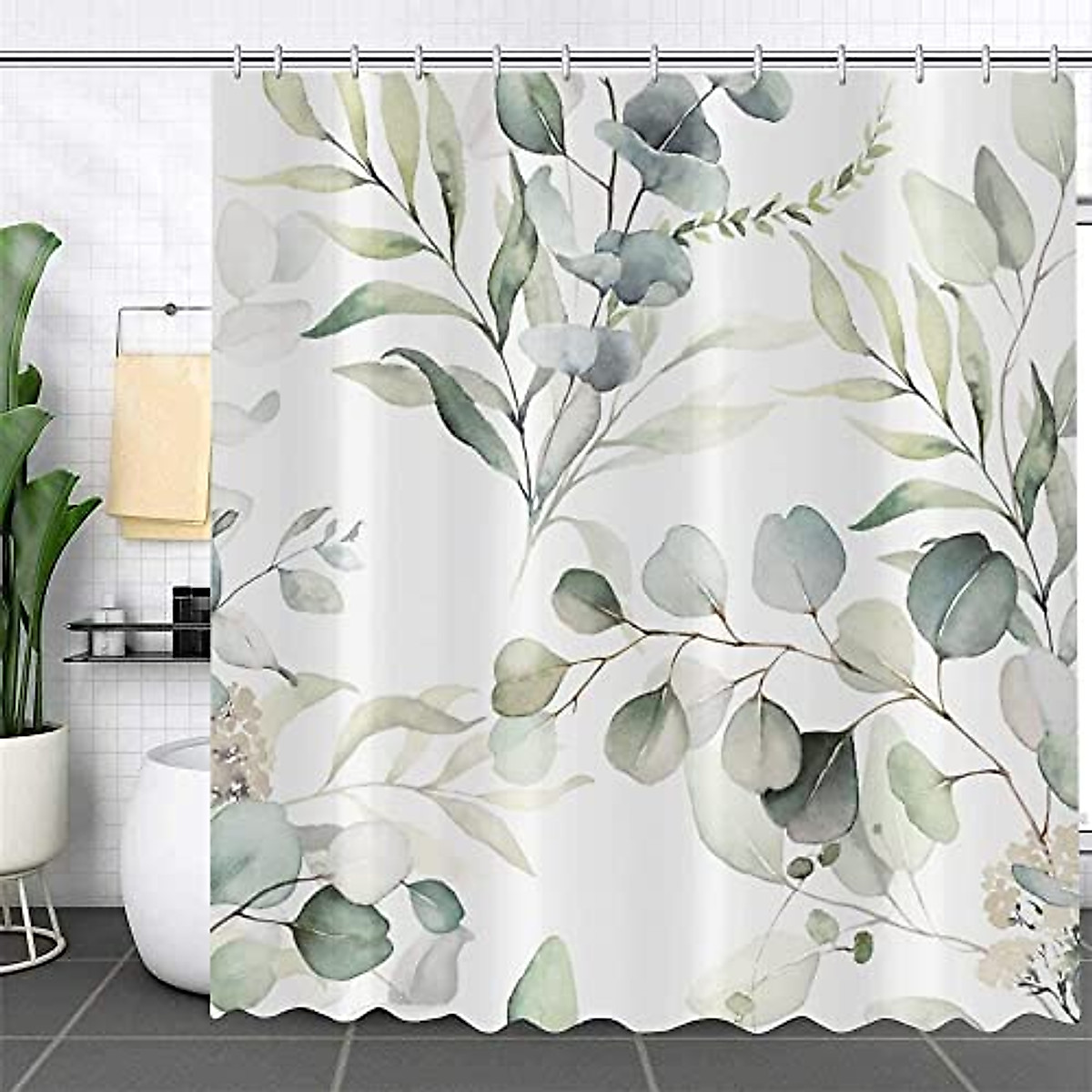 GCIREC Eucalyptus Leaf Shower Curtains, Sage Green Spring Botanical Watercolor Plants Bathroom Curtains Bathtub Home Decor Waterproof Fabric Machine Washable with 12 PCS Hooks