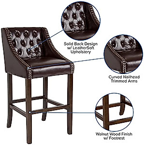 Flash Furniture 2 Pk. Carmel Series 30" High Transitional Tufted Walnut Barstool with Accent Nail Trim in Brown LeatherSoft