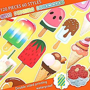 120 Pieces Summer Bookmarks for Kids Summer Ice Cream and Cold Drink Theme Bookmarks Double Sided Bookmarks Cute Colorful Bookmarks for Teachers Classroom Reward Back to School, 60 Styles