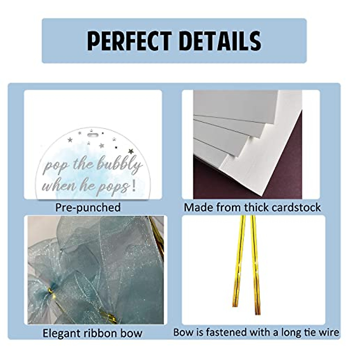 Miatoi Blue Pop It When He Pops Baby Shower Bottle Tags, Pop The Bubbly When He Pops Tags, Boys’ Champagne Baby Shower Favor Label with Bows, Blue Set, 60 Count (Pack of 1) (M-10)