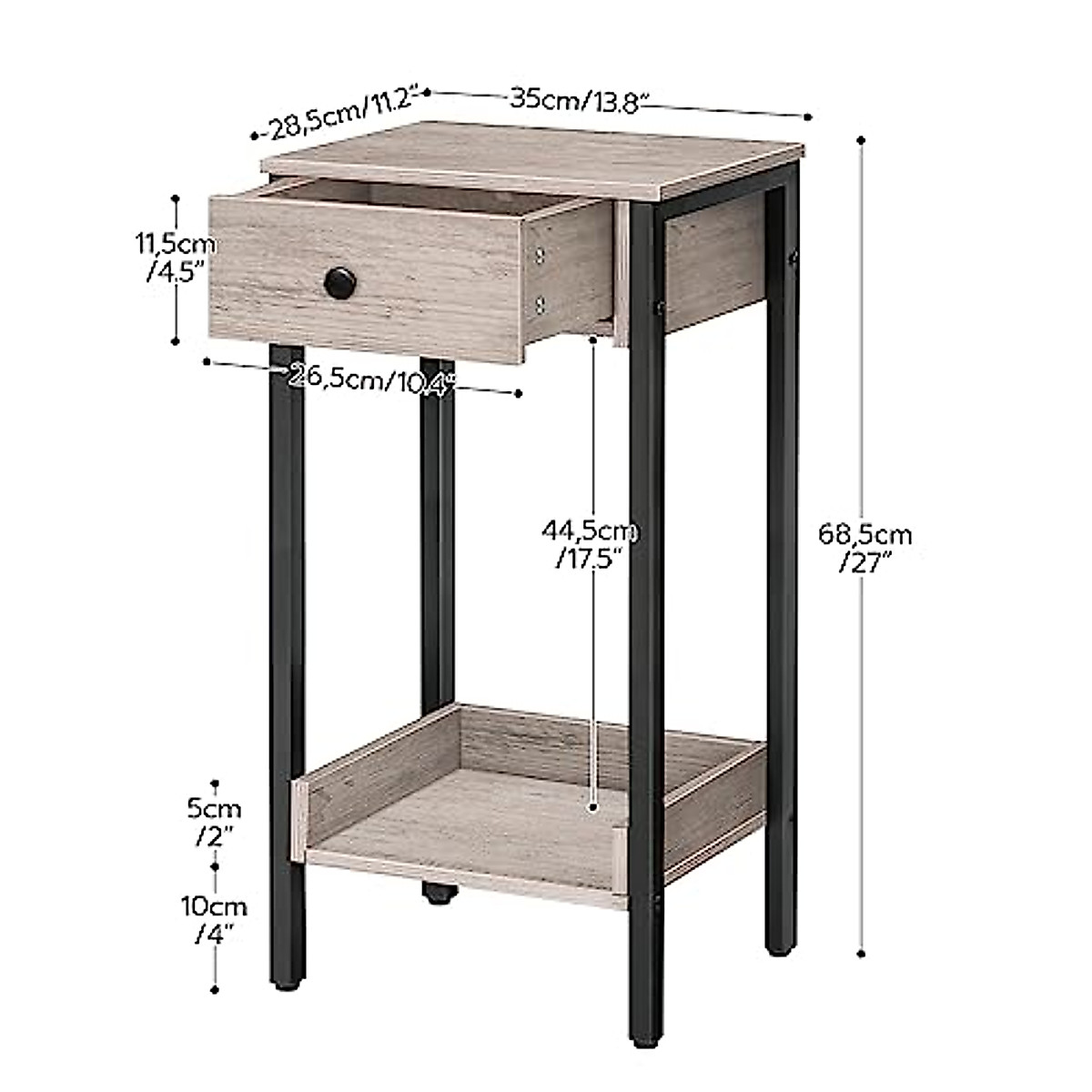 HOOBRO Tall Side Table, Nightstand, End Table with Drawer and Storage Shelf, Industrial End Telephone Table, for Study, Bedroom, Space Saving, Greige and Black BG71BZ01