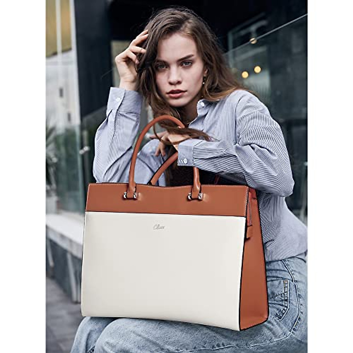 CLUCI Women Briefcase Leather Laptop Bag for Women 15.6inch Computer Bag Messenger Business Work Tote Beige with Brown