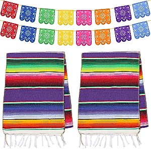 Dreamtop 2 Packs Mexican Table Runner 14 x 84 inch, Serape Table Runner for Mexican Party Wedding Decorations Outdoor Picnics Dining Table, Fringe Cotton Table Runners with 2 Pack Mexican Party Picado