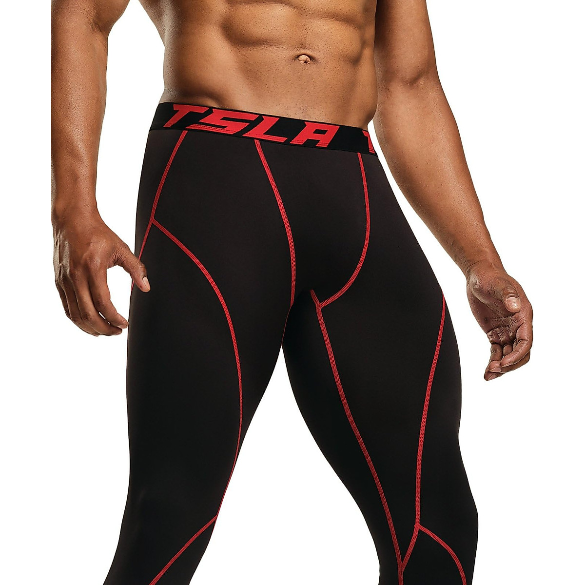 TSLA Men's Thermal Compression Pants, Athletic Sports Leggings & Running Tights, Wintergear Base Layer Bottoms, 2pack Tights Black&red/Woodland Slash Black, X-Large