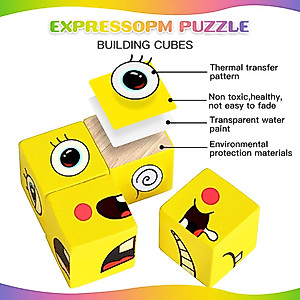 Wooden Expressions Matching Block Puzzles Building Game,Face-Changing Magic Cube,Logical Educational Training Toys,Educational Montessori Toys for Ages 3 Years and Up Kids