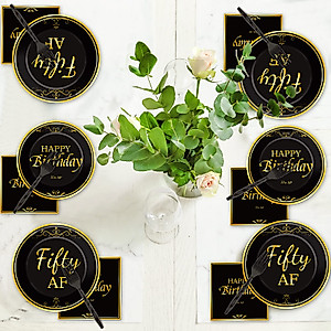 50th Birthday Black Gold Party Paper Plates and Napkins Supplies Disposable Fifty AF 50 Years Party Decorations for Him Her Serve 24 Guests