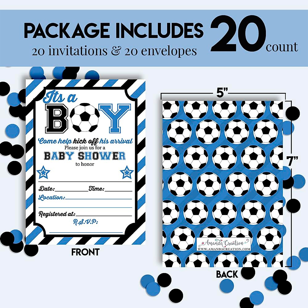 Blue & Black Kick Off His Arrival Soccer Themed Baby Sprinkle Baby Shower Invitations for Boys, 20 5x7 Fill In Cards with Twenty White Envelopes by AmandaCreation