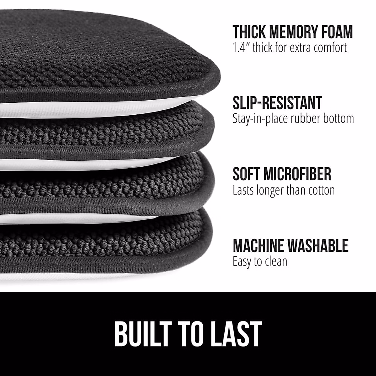 Gorilla Grip Chair Cushions, Set of 6, 16x16, Memory Foam Pads for Dining Room, Kitchen Table, Office Desk, Rocking Chairs, Stay in Place Backing, Comfortable Microfiber Seat Cover Pad Cushion, Black