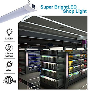 HOLDWILL 2 Pack LED Shop Light,4FT 48W Linkable Utility Integrated Ceiling Lighting Fixture, 3 CCT Selectable 3KK/4KK/5KK Hanging Mount with Pull Chain LED Workbench Light for Workshop