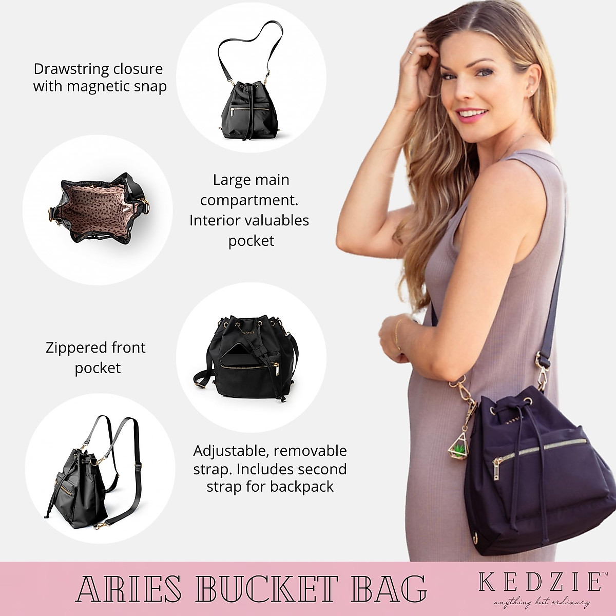 KEDZIE Aries Convertible Bucket Bag 3-Way Backpack Crossbody Strap Purse for Women - Olive