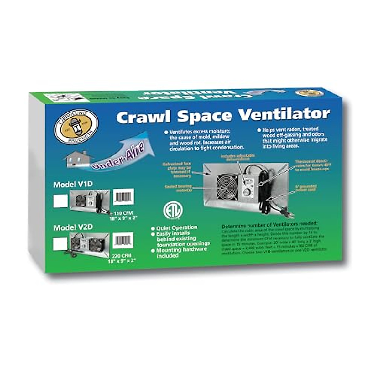 Tjernlund V2D UnderAire Crawlspace Ventilator Fan Moisture Mold Reducing,220 CFM,silver