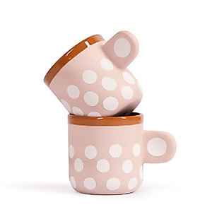 KAKI Espresso Cups Set of 2-3 Ounce, Clay Espresso Cups Pink with White Polka Dot, Handmade Expresso Coffee Cup for Coffee Lovers, Gifts for Mom, Dad or Friends (Pack 2)