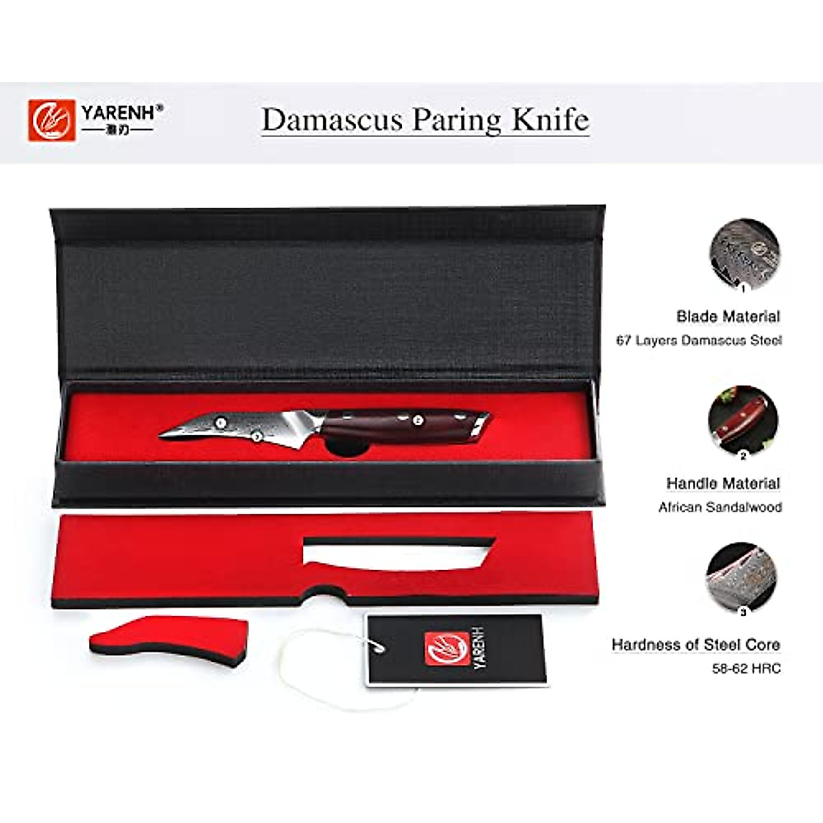 YARENH Bird's Beak Paring Knife - 67-Layer Damascus Steel - Super Sharp Blade for Peeling Fruit - African Sandalwood Handle