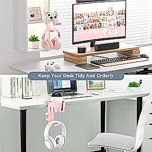 KDD Rotatable Headphone Hanger - 3 in 1 Under Desk Clamp Controller Stand Replaceable Cup Holder - Compatible with Universal Headset, Controller, Cup(Pink)