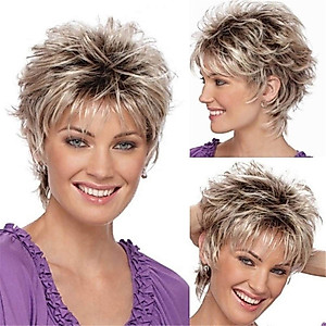 Short Fluffy Wigs Heat Resistant Synthetic Fiber Hair Extension Replacement Wig Pixie Cut Human Hair Mixed Hair Wig (Gray Gold,One Size)