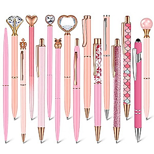 16 Pieces Crystal Diamond Fancy Pens for Kids Women Metal Ballpoint Pens Bulk Diamond Liquid Glitter Pen with Black Ink for Girl Bridesmaid Wedding Party Supplies School Office Easter (Pink Series)