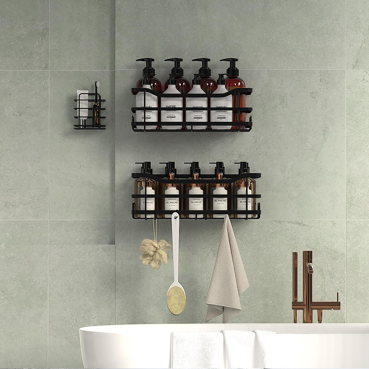 Prettidecor Shower Caddy 3 Pack-Self Adhesive Stainless Shower Shelves with Hooks No Drilling Shower Organizer Hanging Large Capacity Rustproof Bathroom Kitchen Storage Accessories-Black