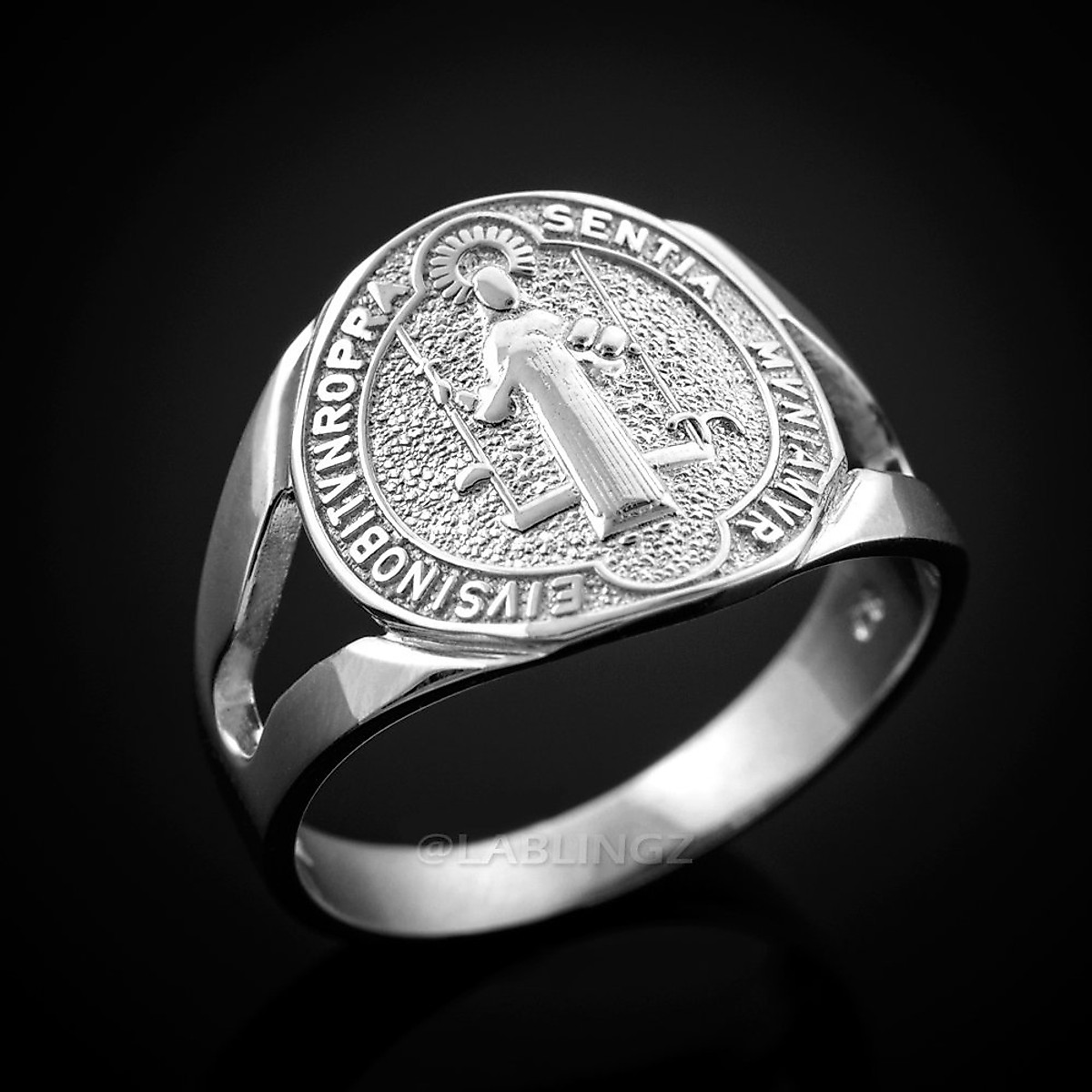 Religious Jewelry by LABLINGZ 10K White Gold Saint Benedict Medallion Ring (Size 9)