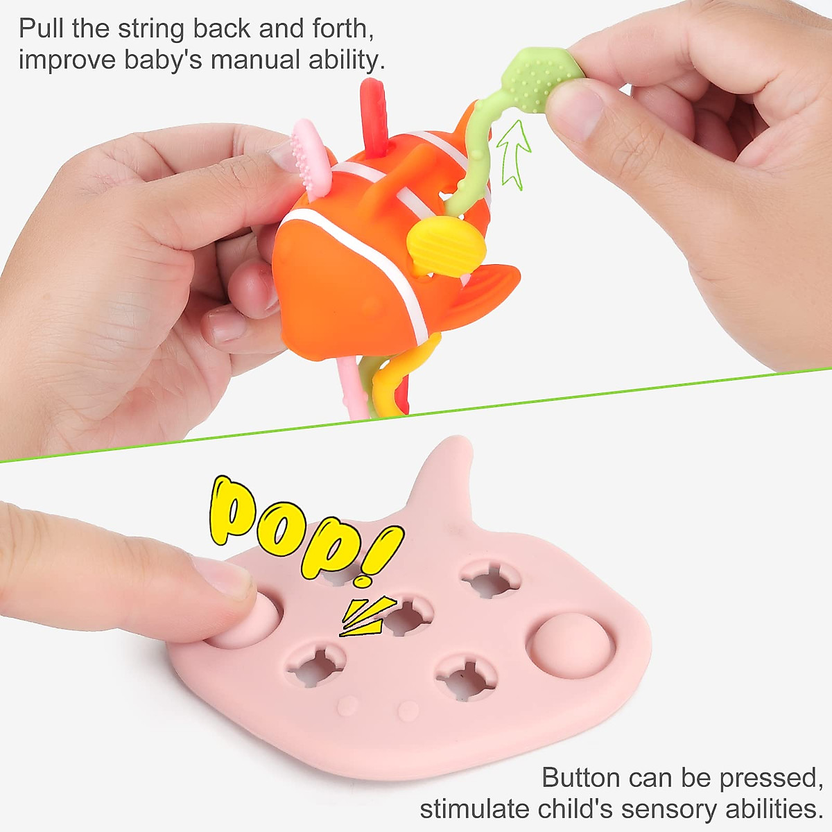 Baby Teether Toys for 12-18 Months, Montessori Sensory Teething Toys for Babies 1+ Year Old, Infant Car Seat Toys Pull String Activity Silicone Toy Fish Shape Chew Toys for Boys Girls, BPA Free