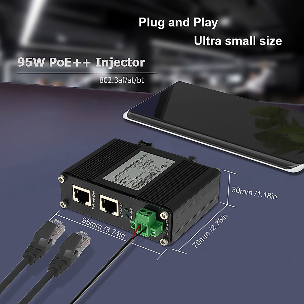 PoE Injector - SaiLteL 95W Industrial Gigabit PoE++ Injector, IEEE 802.3at/802.3af Compliant, ,POE Adapter with 12-48V DC Input,Hardened High Power PoE Injector IP40, DIN Rail, Wall Mount