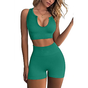 QINSEN FAFOFA Women's Yoga Shorts 2 Piece Outfits Sexy Sport Bra High Waisted Shorts Workout Activewear Green M