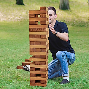 Juegoal 54 Pieces Giant Tumble Tower Blocks Game Giant Wood Stacking Game with 1 Dice Set, Gameboard, Canvas Bag for Adult, Kids, Family, Brown