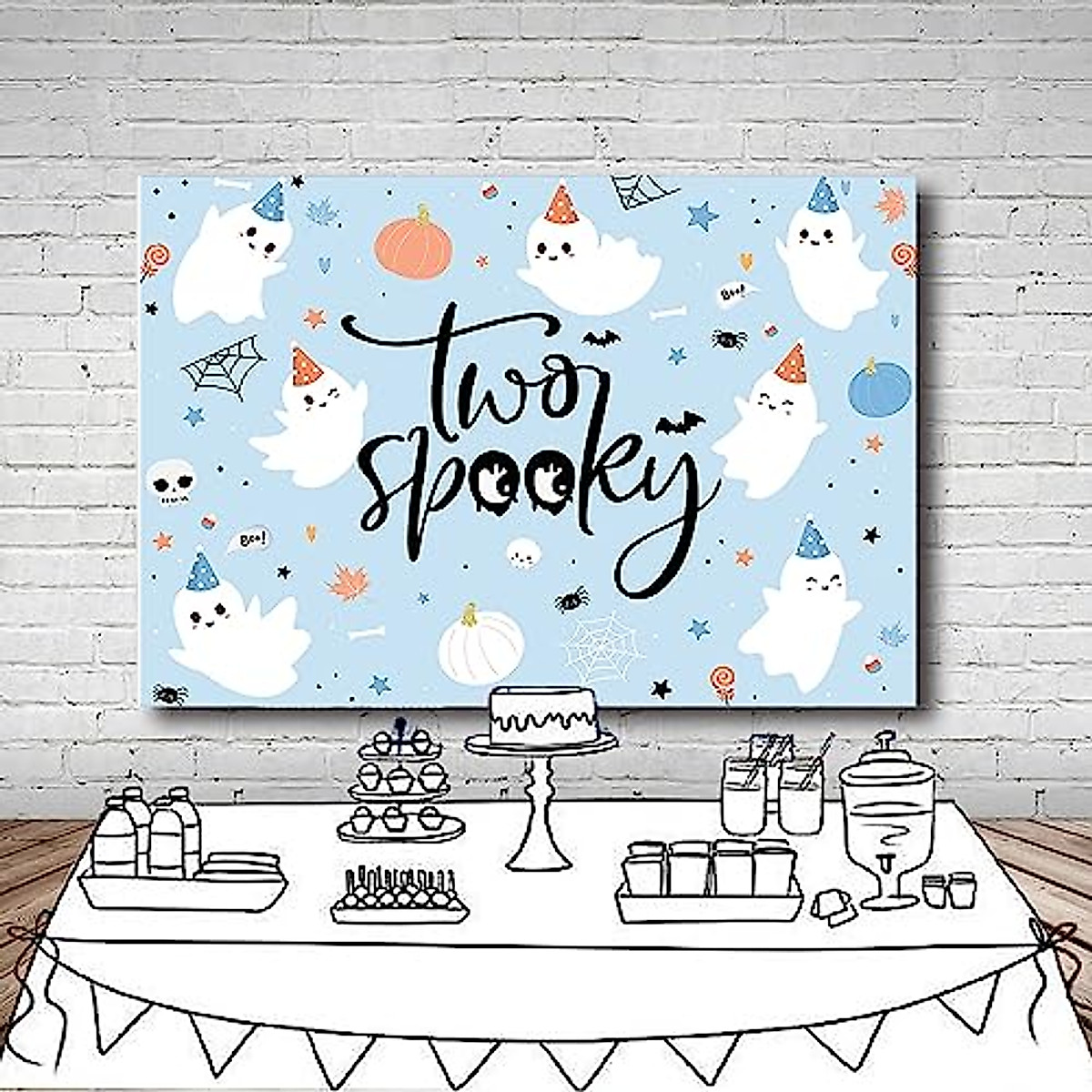 MEHOFOND 7x5ft Halloween Two Spooky Blue Backdrop Little Boo Happy 2nd Birthday Party Decoration Banner Supplies for Boys Spooktacular Happy Booday Photography Background Photo Studio Props