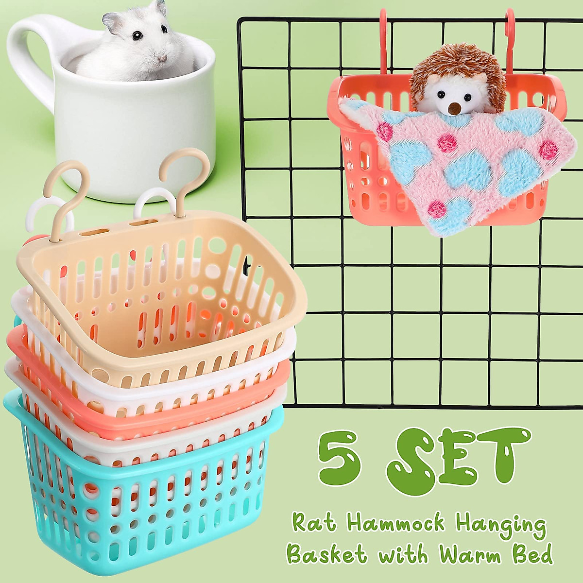 Geetery 5 Set Rat Hammock for Cage Chew Proof Rat Toys Warm Bed, Small Animal Hanging Basket Ferret Cage Accessories and Habitats Removable Nest Mat for Hamster, Sugar Glider, Hedgehog(Heart)