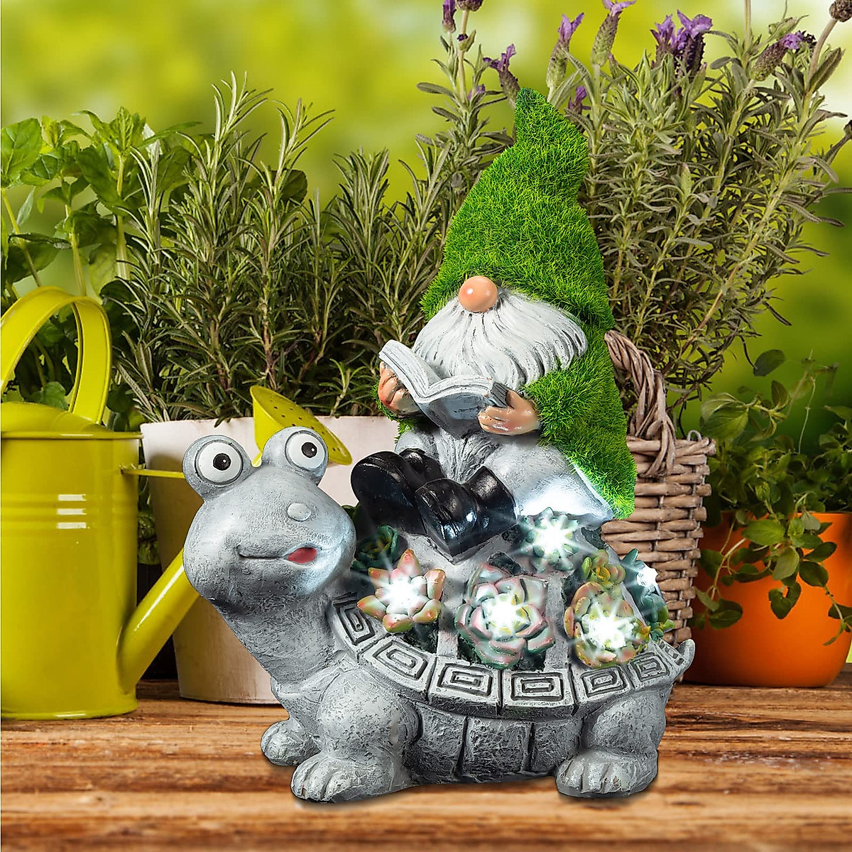 Garden turtle and gnome statue decoration,solar figurine with Light,Lawn ornament accessories,funny & cute turtle gifts for turtle lover with gnome reading book outdoor in patio lawn yard 10.5"