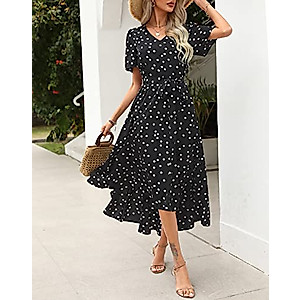 Maggeer 2024 Spring Summer Dress for Women Short Sleeve Cute High Low Flowy Graduation Engagement Bridal Shower Beach Maxi Dress Black Polka Dot M