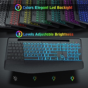 SABLUTE Wireless Keyboard with 7 Colored Backlits, Wrist Rest, 2.4G Computer Gaming Keyboard with Phone Holder, Rechargeable Full Size Ergonomic Keyboard with Silent Keys for MacBook, PC, Laptop