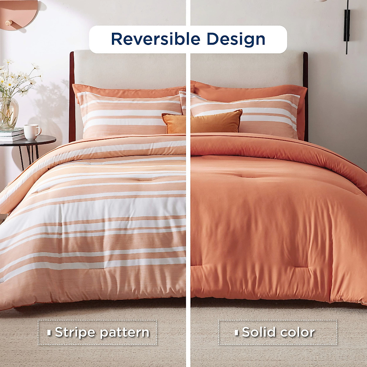 Bedsure Bed in a Bag Queen Size 7 Pieces, Burnt Orange White Striped Bedding Comforter Sets All Season Bed Set, 2 Pillow Shams, Flat Sheet, Fitted Sheet and 2 Pillowcases