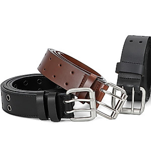 XZQTIVE Men's Double Prong Belt 2 Holes Leather Jeans Belt for Men 1.5 inches Wide