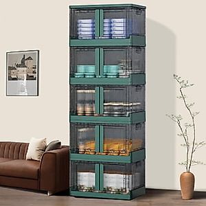 SHELLAJUN Storage Bins with Lids,19Gal Plastic Stackable Storage Bins for Closet Organizers and Storage, Green Folding Storage Box with Open Front Door, Collapsible Storage Bins for Office, Home