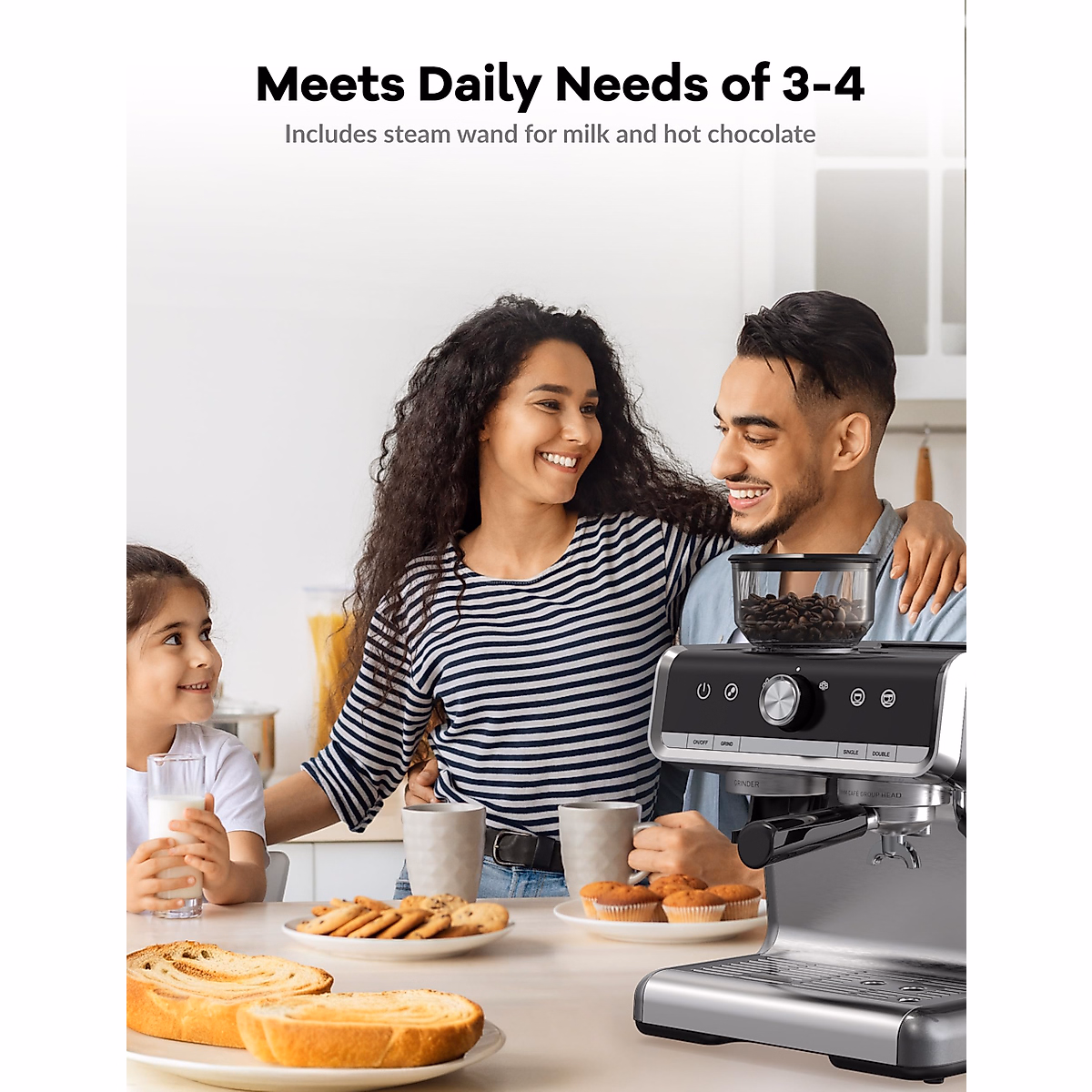 SPORTY&FIT Semi-Automatic Espresso Machine With Grinder, 20 Bar Espresso Maker Coffee Machine Cappuccino Machine with Milk Frother & 95oz Removable Water Tank for Home Office (Light Grey)