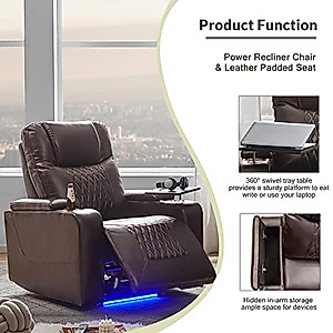 Merax Power Recliner Chair, Leather Lazy Boy Single Sofa with Cup Holders, Tray Table and Storage, Brown
