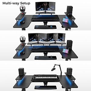 EUREKA ERGONOMIC Standing Desk with Keyboard Tray,U-Shaped 74 Inch Large Gaming Desk,Electric Height Adjustable Music Studio Desk,Sit Stand Office Desk LED Convertible Shelves