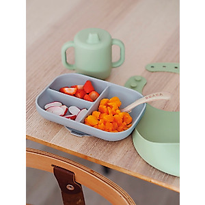 BEABA The Essentials Silicone Meal Set of 4, 100% Silicone Baby Plate Set - Dishwasher Safe, Soft, Unbreakable - Includes Siicone Plate, Sippy Cup, Bib and Spoon, Grey/Sage