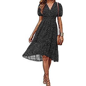 PRETTYGARDEN Casual Summer Dresses for Women Knee Length Polka Dot Floral Printed Short Sleeve Wrap Dress Midi Button Down Dress for Women Wedding Guest (Black, Medium)