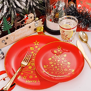 LIYH 150 PCS Plastic Christmas Dinnerware Set, Red Plastic Christmas Plates, Disposable Christmas Dinnerware with Christmas Tree Design, Plastic Christmas Silverware, Christmas Cups 25 Guests