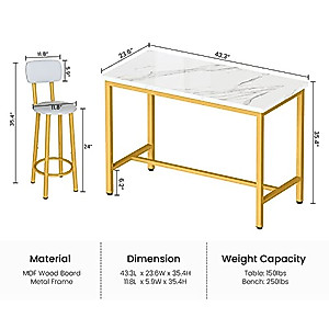 Lamerge Dining Table Set for 4 Bar Table and Chairs Set Faux Marble Counter Height Dining Table Set with 4 PU Upholstered Stools Kitchen Pub Table for Kitchen, Restaurant, Space Saving, Gold and White