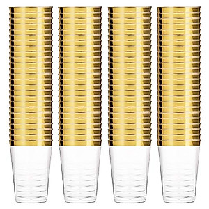 Munfix 100 Gold Plastic Cups 16 Oz Clear Plastic Cups Tumblers Gold Rimmed Cups Fancy Disposable Wedding Cups Elegant Party Cups with Gold Rim