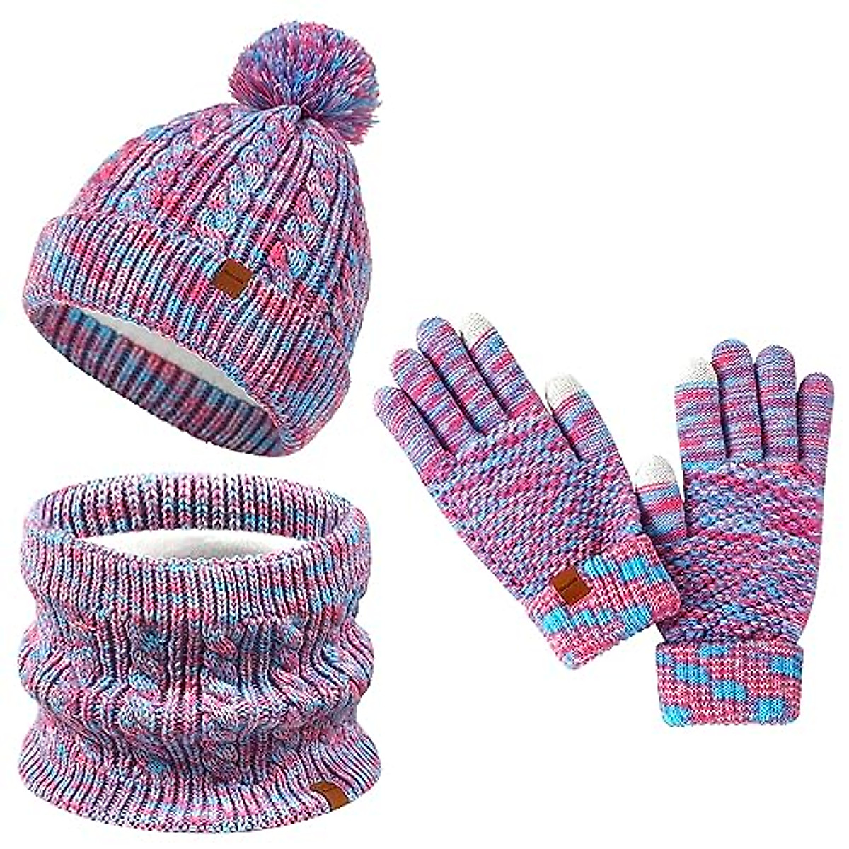 Kids Winter Hat Gloves Scarf Set, Girls Boys Children Hats Beanie with Pom Knit Neck Warmer Gaiter Mittens Fleece Lined Set (Purple)