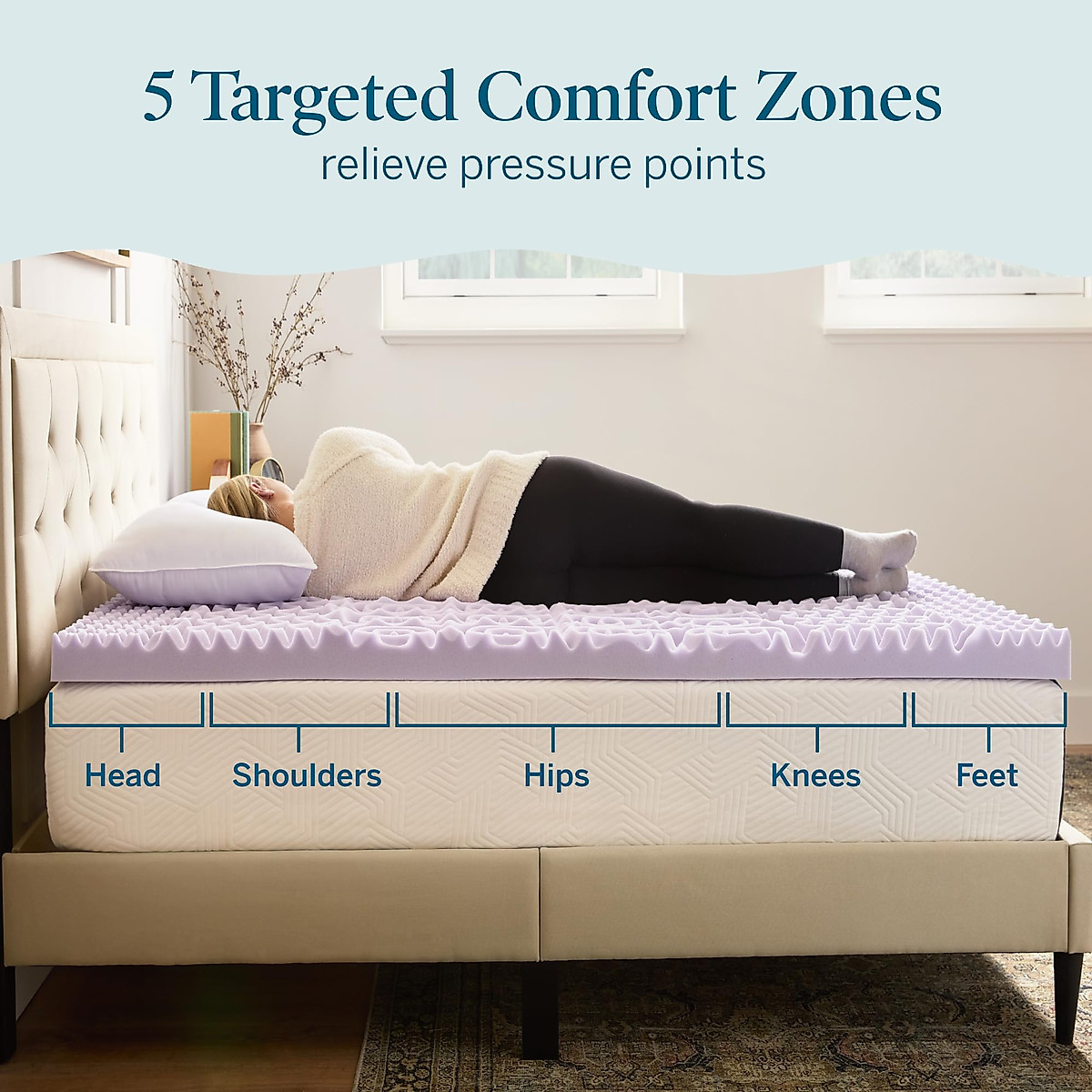 LUCID 3 Inch 5 Lavender Memory Foam Plush-Calming Targeted Convoluted Comfort Zones Mattress Topper, King