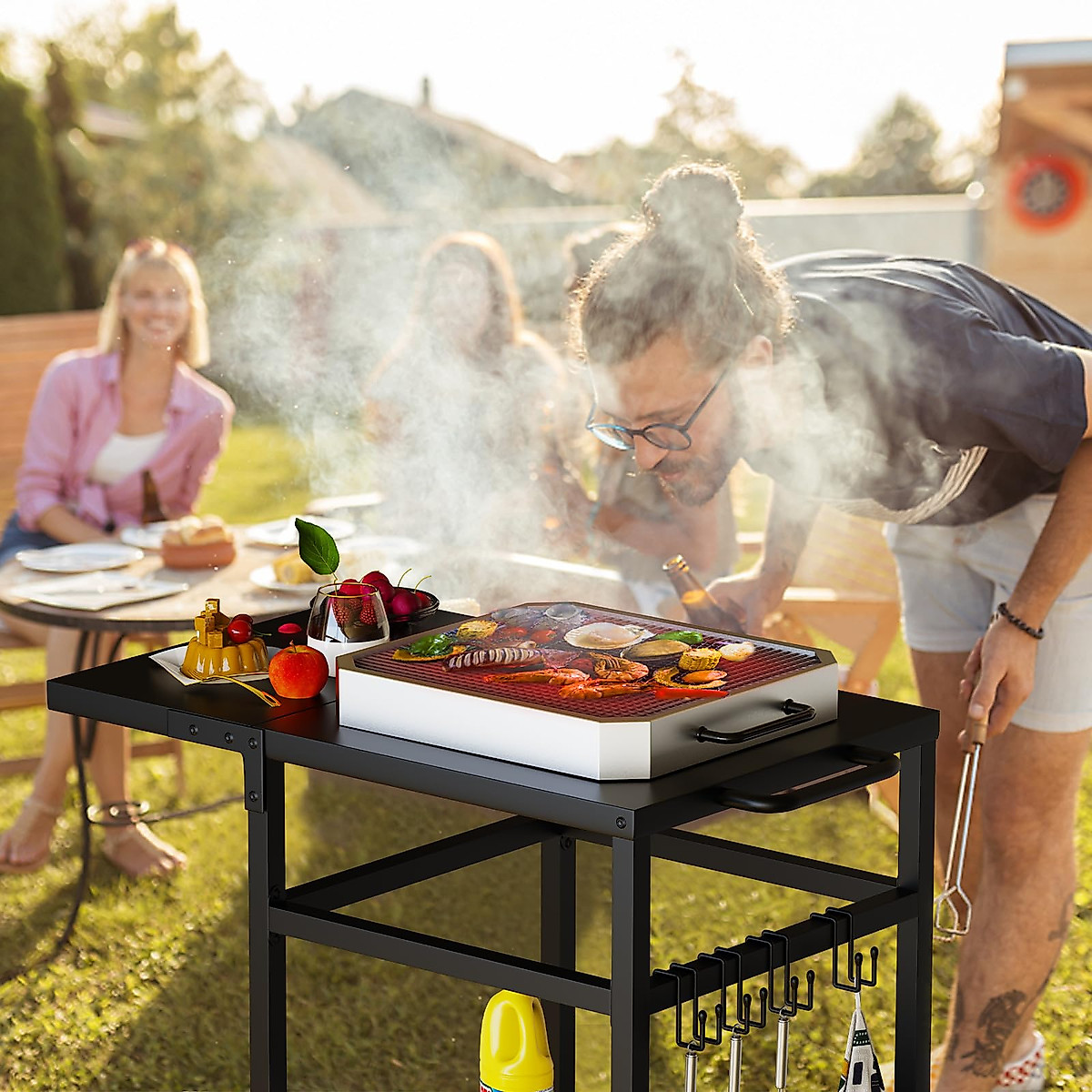 RAXSINYER Double-Shelf Grill Table Outdoor Grill Cart Movable BBQ Table Multifunctional Food Prep Table