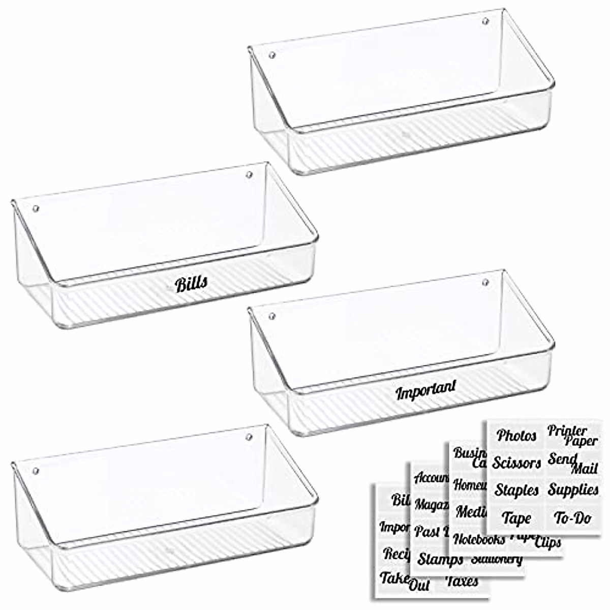 mDesign Wall Mount Storage Organizer Tray Bin - Modern Plastic Wide Hanging Shelf Basket for Walls/Doors in Office - 4 Pack + 32 Adhesive Labels - Clear